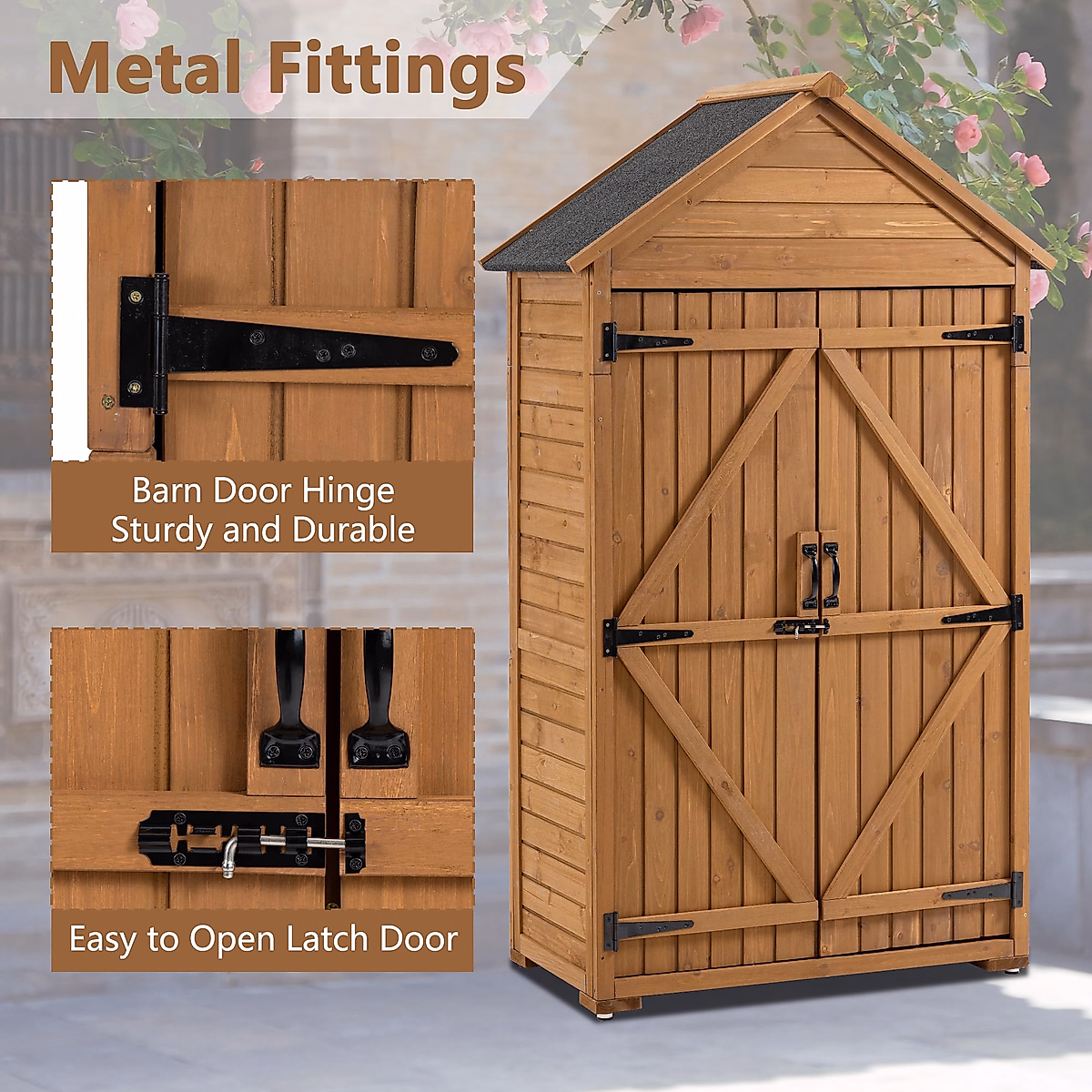 Durable Wooden Outdoor Garden Wood Tool Shed Cabinet, Space-Saving Outside Storage with Shelves & Latch, 39.56"x 22.04"x 68.89", Sturdy Build