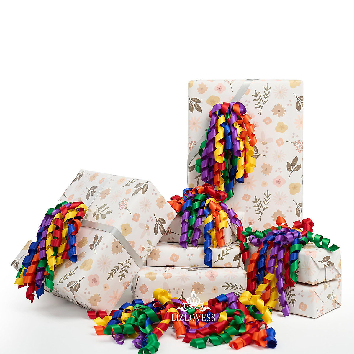 LIZLOVESS 6 Inch Rainbow Curly Bows for Gift Wrapping Set of 6, Self Adhesive Bows Rainbow Gift Bows for Presents, Satin Ribbon Bows for Birthday, Wedding, Christmas, Bridal Shower