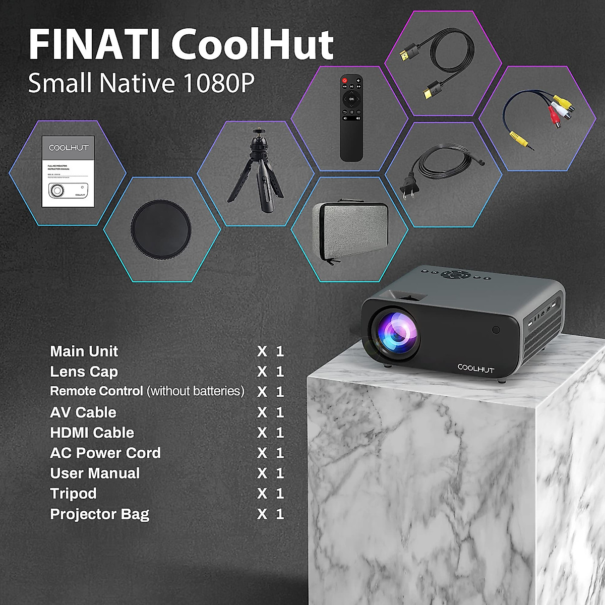 Outdoor Projector with WiFi and Bluetooth, FINATI·CoolHut 5G WiFi Native 1080P HD Home Movie Theater Projector with Carry Bag & Tripod, Wireless Mini Portable Projector for VGA,HDMI,USB,AV(Black)