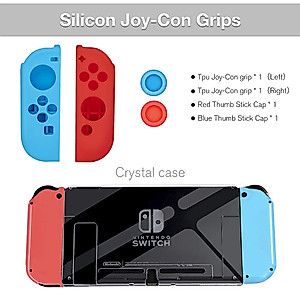 Accessories Kit Bundle for Nintendo Switch, 1x carry case,2x Grips kit,2x Steering Wheel,1x crystal case for switch,2x Case for Joy-Con,2x Thumbstick Caps,1x Glass screen protector