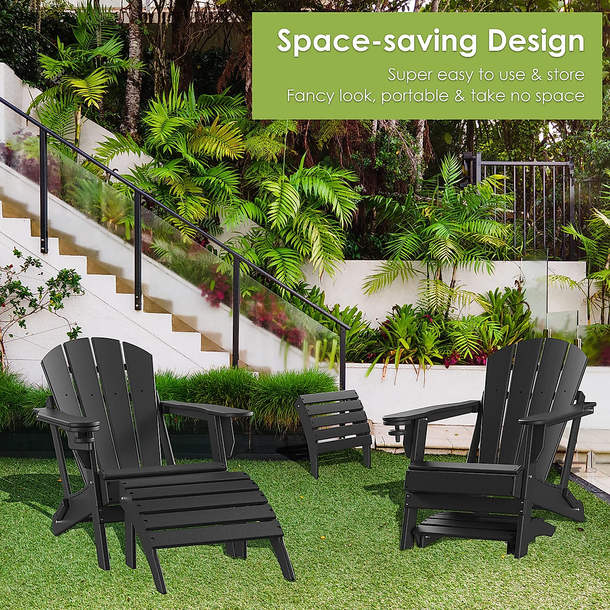 GREENVINES Adirondack-Ottoman | Folding | Set of 2 | HDPE Plastic | Outdoor Footrest | All Weather | Foot Rest | Foot Stool | Black | for Adirondack Chair | for Patio Backyard Pool