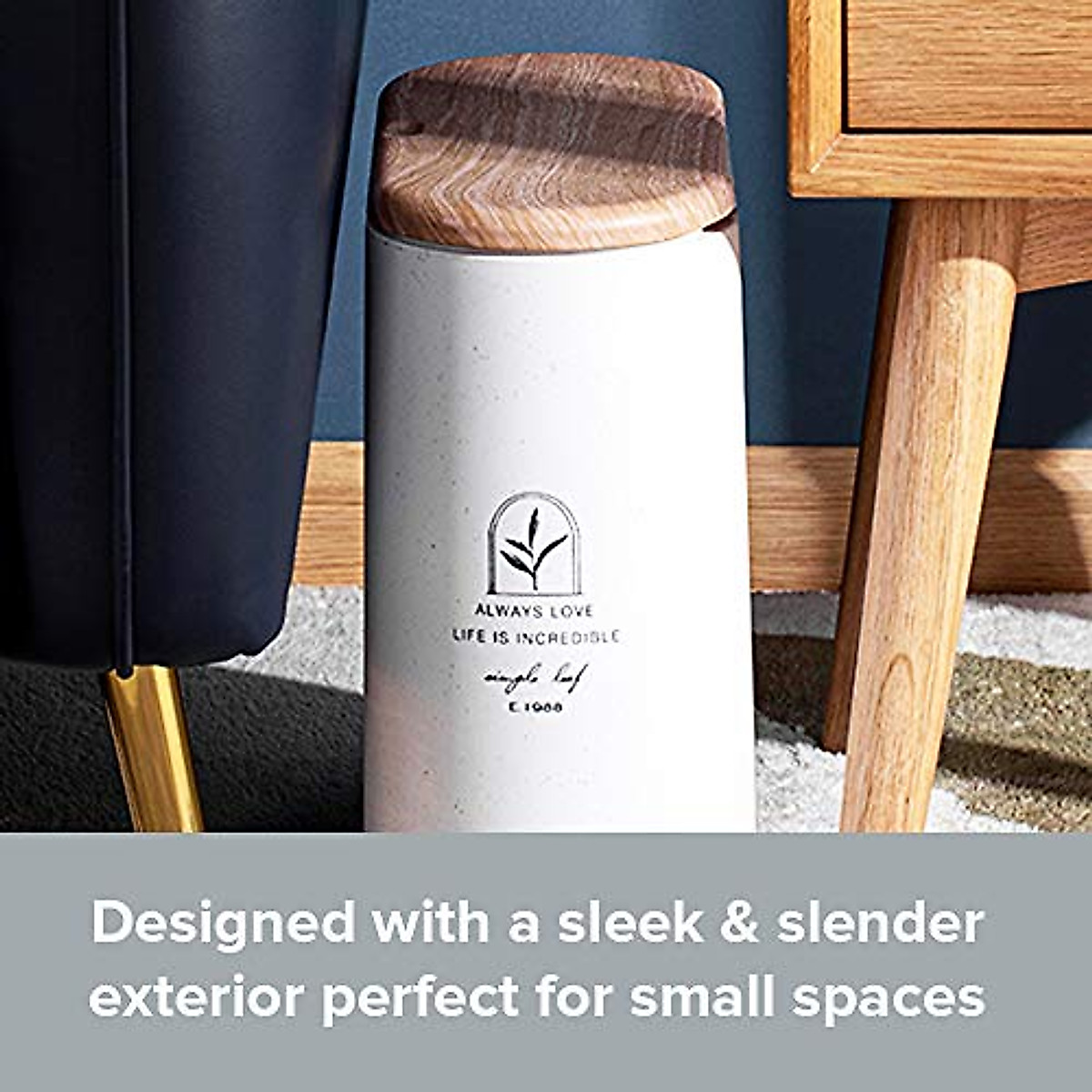 3.2Gal/12.1L Oval Slim Trash Can - Nordic Style Garbage Can with Lid - White Plastic Trash Can w/ Press Top Wood Grain Lid - Space Saving Kitchen Trash Can w/ Double Barrel Removable Plastic Bin Liner