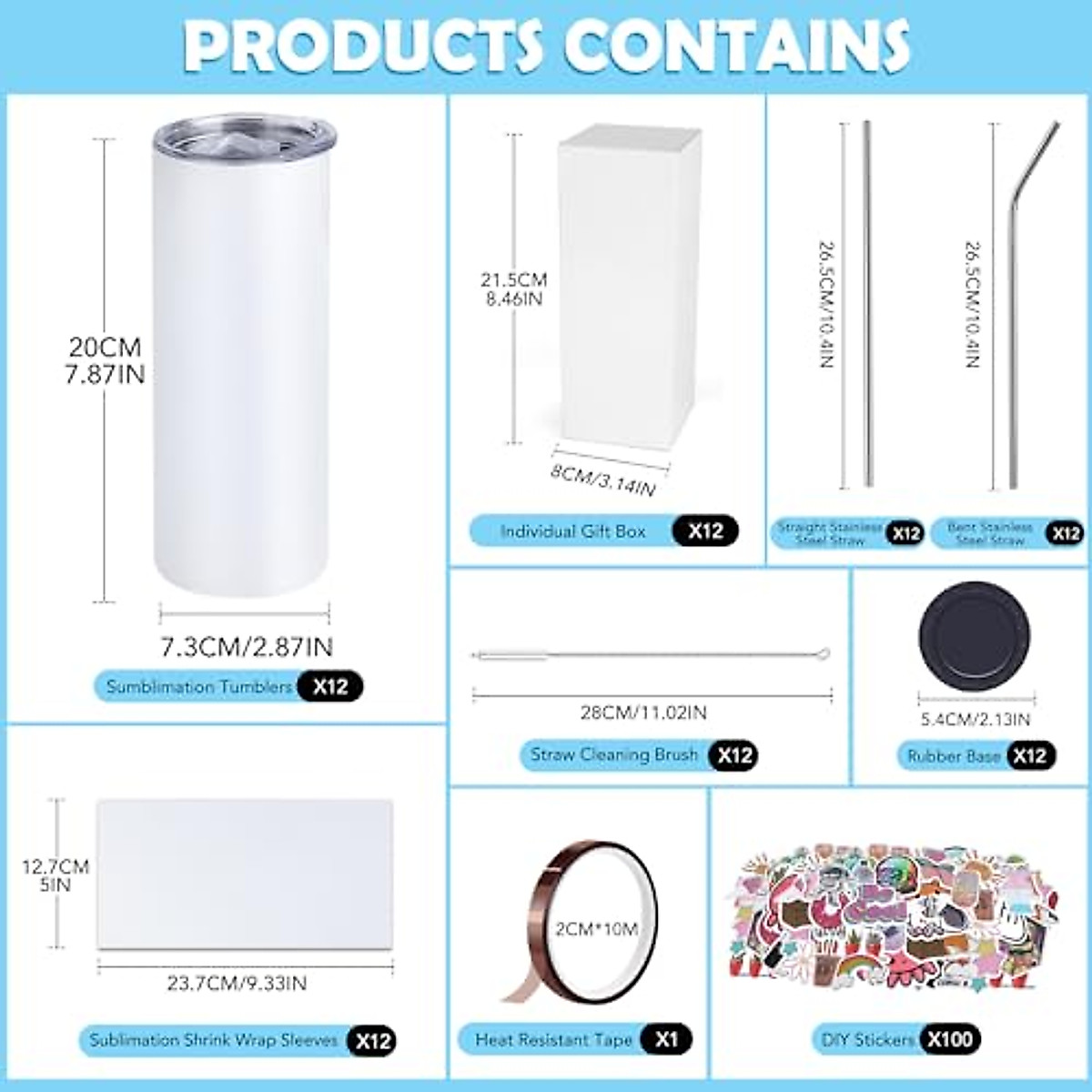 NEOACT 12 Pack Sublimation Tumblers Blanks 20 oz Stainless Steel Double Wall Insulated Straight Skinny Tumblers with Straw Lid Heat Tape Rubber Bottoms Shrink Wrap Individually Boxed for Heat Transfer