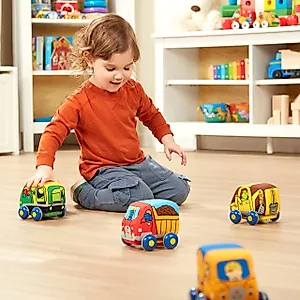 Melissa & Doug Pull-Back Construction Vehicles - Soft Baby Toy Play Set of 4 Vehicles - Cars For Infants, Construction Toys, Pull Back Cars For Babies Ages 9m+