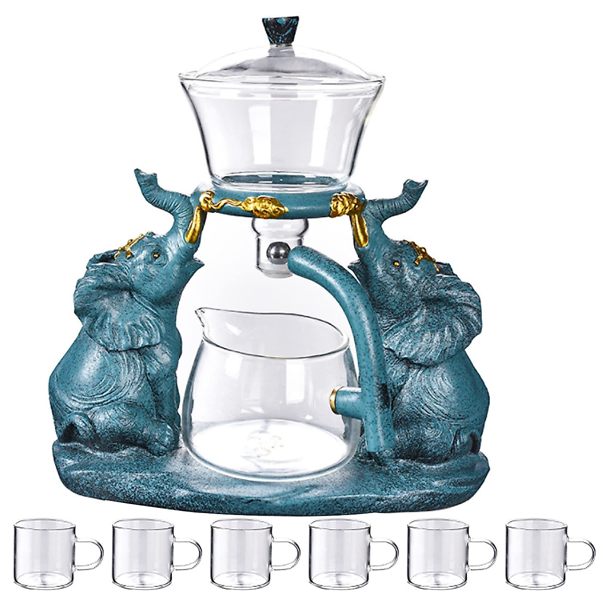 GODNOEI Elephant Glass Tea Set Lazy Kungfu Magnetic Water Diversion Creative Glass Teapot Semi Automatic Tea Maker Suit Kitchen Bar Supplies (6 tea cups)