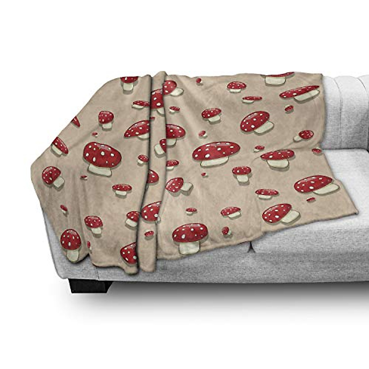 Ambesonne Mushroom Throw Blanket, Woodland Themed Illustration of Spotted Toadstool Summer Season Forest Cartoon, Flannel Fleece Accent Piece Soft Couch Cover for Adults, 50" x 60", Ivory Red Tan