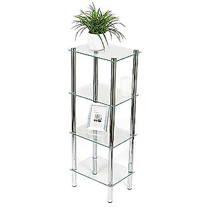 Home Basics Small Glass (Clear/Silver), Shelving Storage Unit with Chrome Metal Bars 4 Tier Corner Shelf