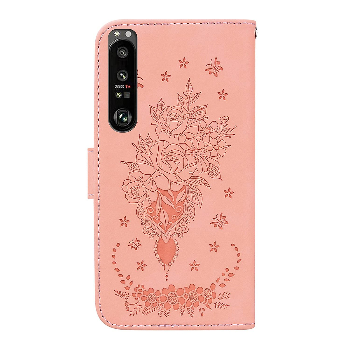 ONV Flip Case Compatible with Sony Xperia 1 III - Rose Butterfly Embossed Phone Case with Card Holder Lanyard Stand Case Leather Magnetic Wallet Cover for Sony Xperia 1 III [XT] -Pink