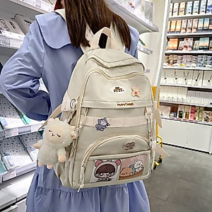 HIQUAY Kawaii Backpack for Girls with Bear Pendant and Cute Pins Backpack for Teens Girls for High School Casual Daypack - Beige