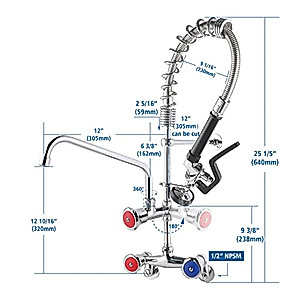 MaxSen Commercial Sink Faucet with Sprayer 25" Height Pre-Rinse Faucet 4" to 8" Adjustable Center Wall Mount Kitchen Faucet Restaurant Compartment Sink Faucet with 12” Swivel Spout Chrome