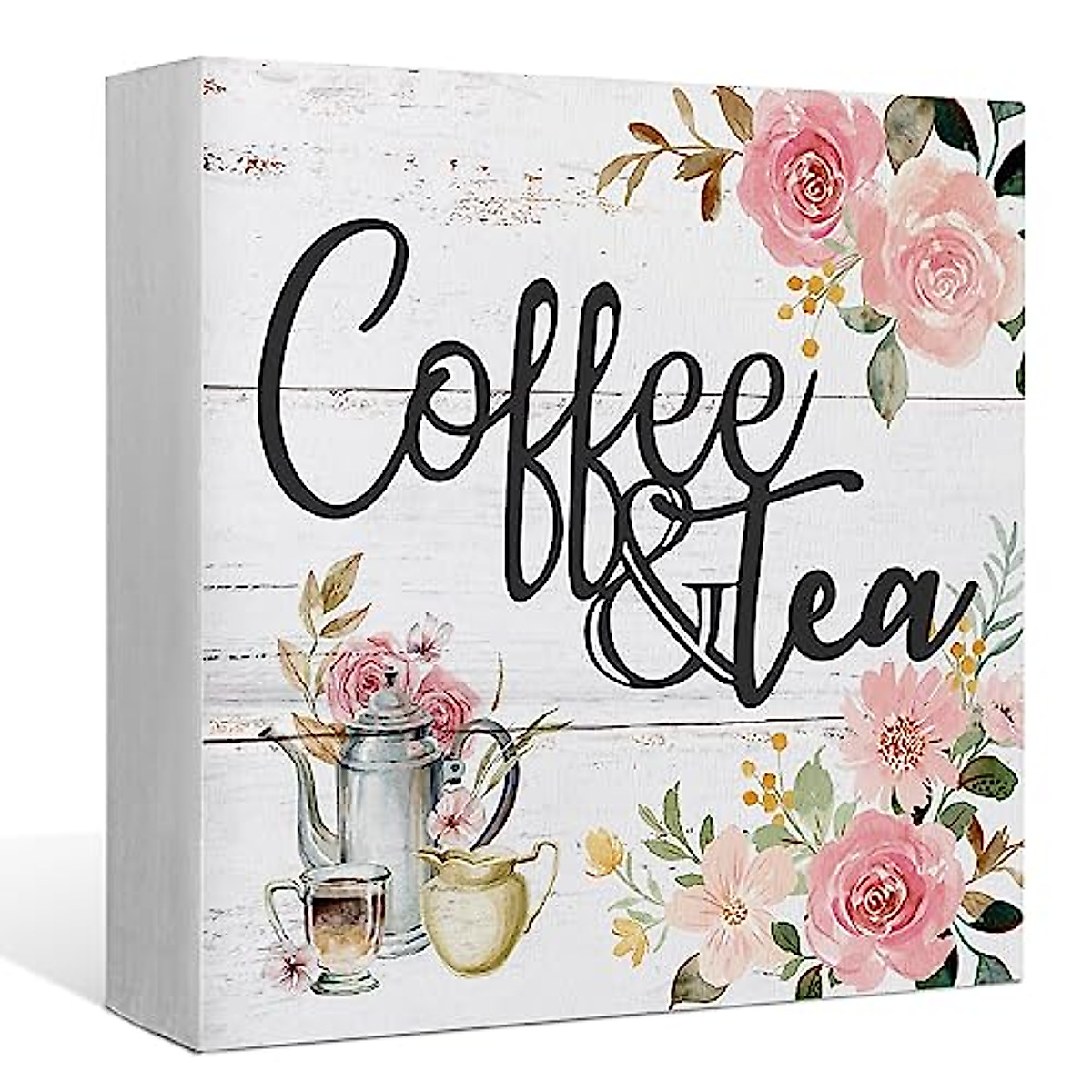 Coffee and Tea Pink Floral Wood Box Sign Desk Decor,Rustic Wooden Block Sign Decorations for Home Kitchen Office Coffee and Tea Bar Wall Tabletop Shelf Decor