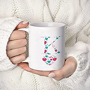 Valentine's Day Love Monogram Letter K Tea Mug Happy Valentine's Day Porcelain Coffee Cup 11oz Love Heart Initials Letter Novelty Mug Custom Name Tea Cup Gift for Wife Women Girls Lovers
