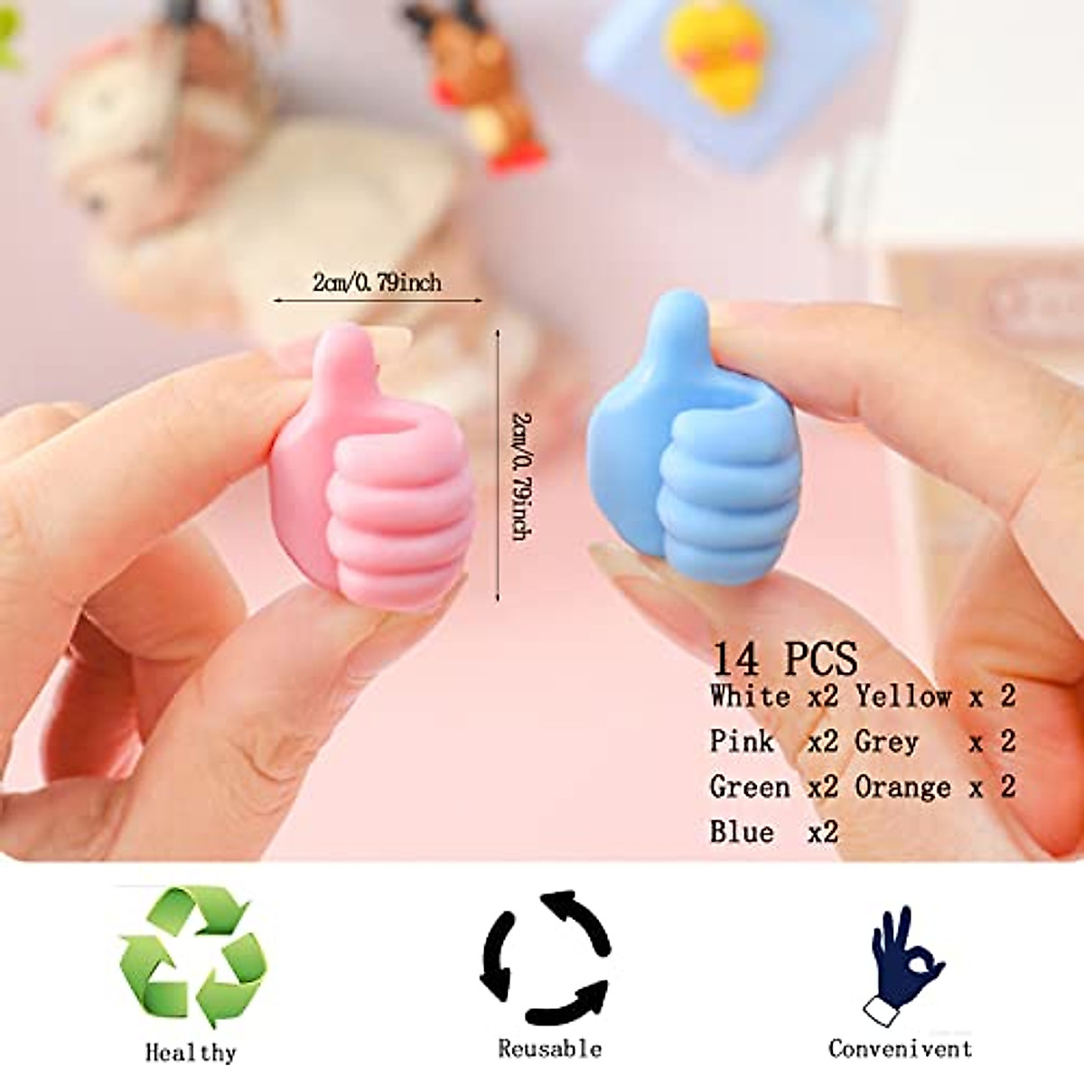 Thumb Wall Hooks for Hanging, 14pcs Self Adhesive Thumb Cable Organizer Clips No Punching Key Hook Holder Wall Hangers, Multifunctional Nails-Free Utility Silicone Hooks Desk Wire Management Storage