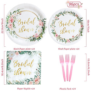 QIFU Bridal Shower Decorations Party Tableware - Pink and Gold Floral Paper Plates,Dessert Plates,Napkins and Forks Sets for 24 Guests, Celebrate the Bride-to-be Bachelorette Party Supplies