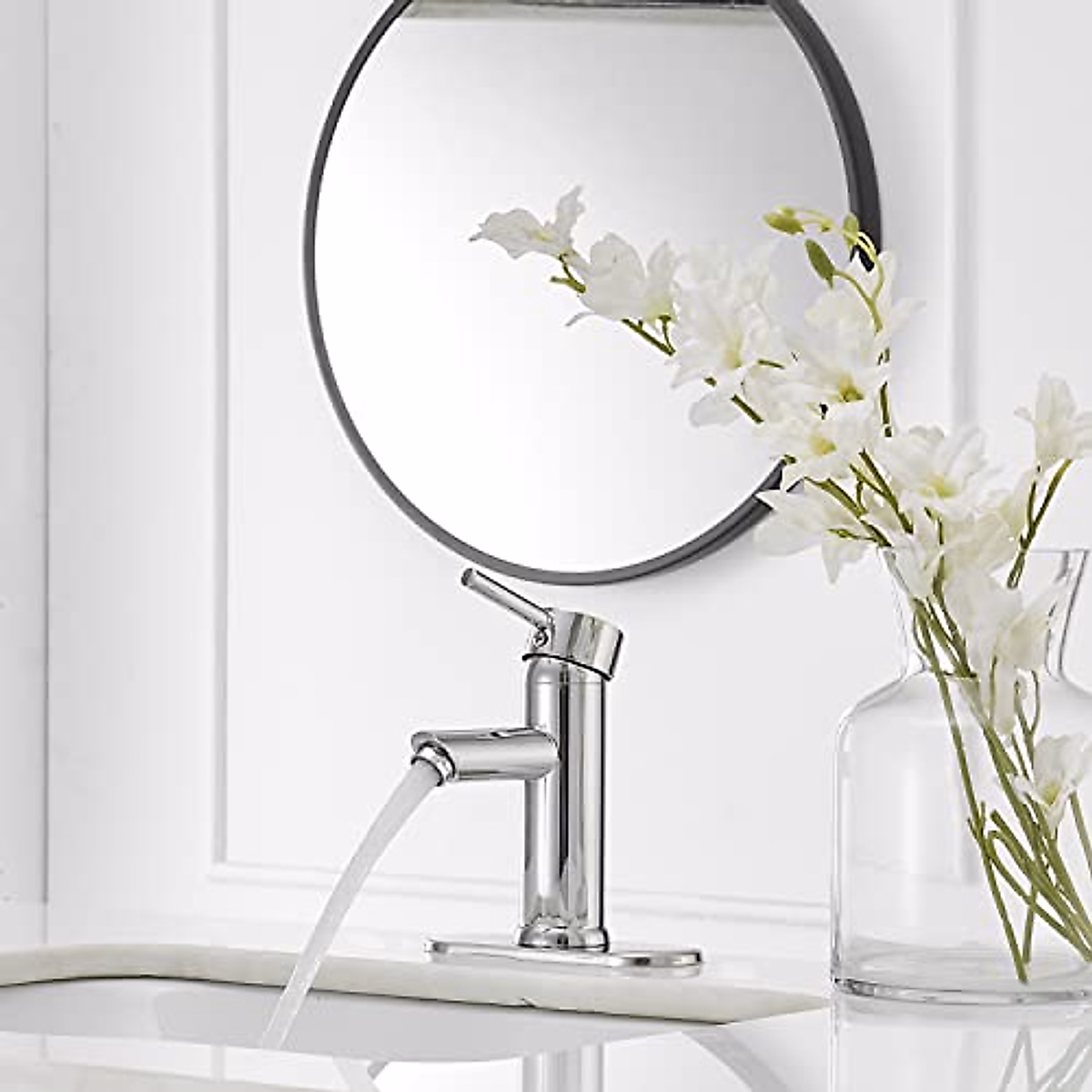 Greenspring Bathroom Sink Faucet Chrome Single Handle One Hole Commercial Deck Mount Lavatory Modern Faucet with Cover Plate and Supply Line