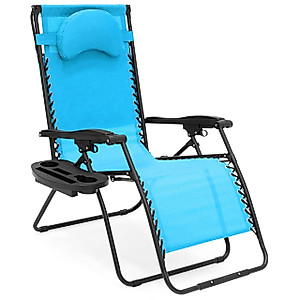 Best Choice Products Oversized Steel Mesh Zero Gravity Reclining Lounge Patio Chair w/Folding Canopy Shade and Cup Holder, Aqua