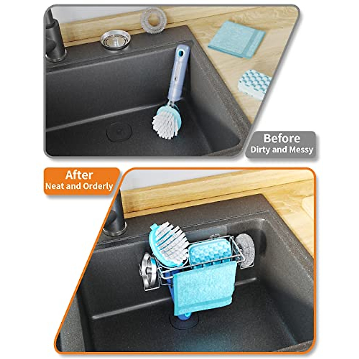 SWTYMIKI 5 in 1 Sponge Holder for Kitchen Sink, Stainless Steel Sink Caddy with Dishcloth Holder for Brush & Sponge in Sink Sponge Caddy with 2 Strong Adhesives in Silver