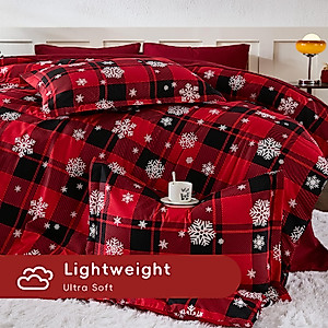 Christmas Comforter Set Queen Size 7 Piece Red plaid Snowflake Bedding Set Bed in a Bag Revesible Lightweight Microfiber Winter Down Alternative Bed Set with Pillowcases & Shams,Sheets for Girls Boys