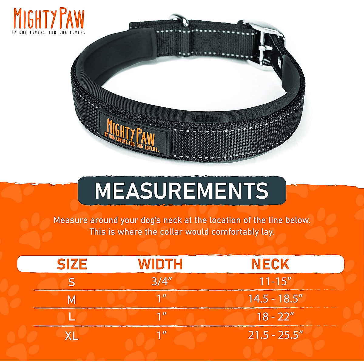Mighty Paw Dog Collar - Padded Comfort - Neoprene Lining - High Visibility Reflective Threading - Weatherproof Nylon - Buckle Adjustable Dog Collar - Comfortable Dog Collar for All Dog Breeds