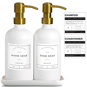 Dish Soap Dispenser for Kitchen, Hand Soap Dispenser Tray, Gold Soap Dispenser Bathroom, Mouthwash Dispenser Shampoo and Conditioner Dispenser, Glass Soap Dispenser Kitchen Soap Dispenser Set