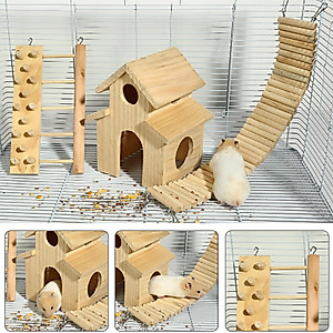 Hamster Toys House 3 Pack Guinea Pig Toys Hamsters Climbing Ladder Brige Natural Wooden Funny Play Toy Chews for Small Animals Rat Mouse Hideouts
