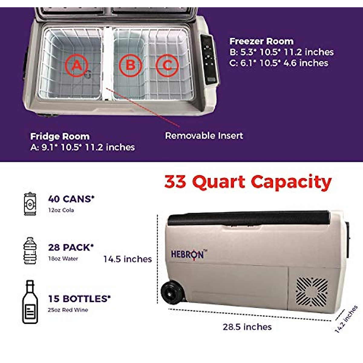 Hebron 33 Quart Dual Zone Portable Refrigerator/Freezer for Camping Fishing and Travel - 12/24 Volt DC Mini Chest Cooler for Vans Campers RVs and Boats