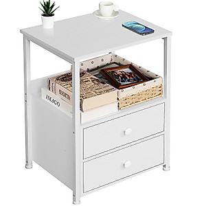 Lerliuo Nightstand, Industrial Bed Side Table with 2 Drawers Storage Open Shelf, Sturdy End Table with Steel Frame, Night Stand for Bedroom, Living Room, Elegant White