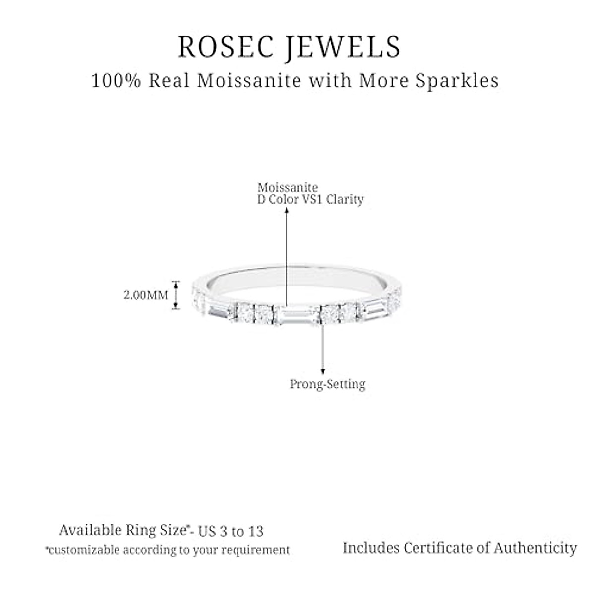 Certified Moissanite Half Eternity Band Ring for Women (D-Vs1 Quality) - Moissanite Diamond Stackable Band (With Jewelry Box), 14K Yellow Gold, Size:US 12.50