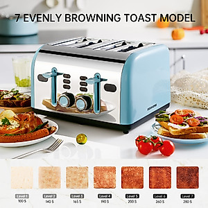 Toaster 4 Slice, REDMOND Wide Slots Retro Stainless Steel Toasters with LED Digital Countdown Timer Display, Dual Independent Control Panel, Reheat Defrost Cancel Function, High Lift Lever, Blue