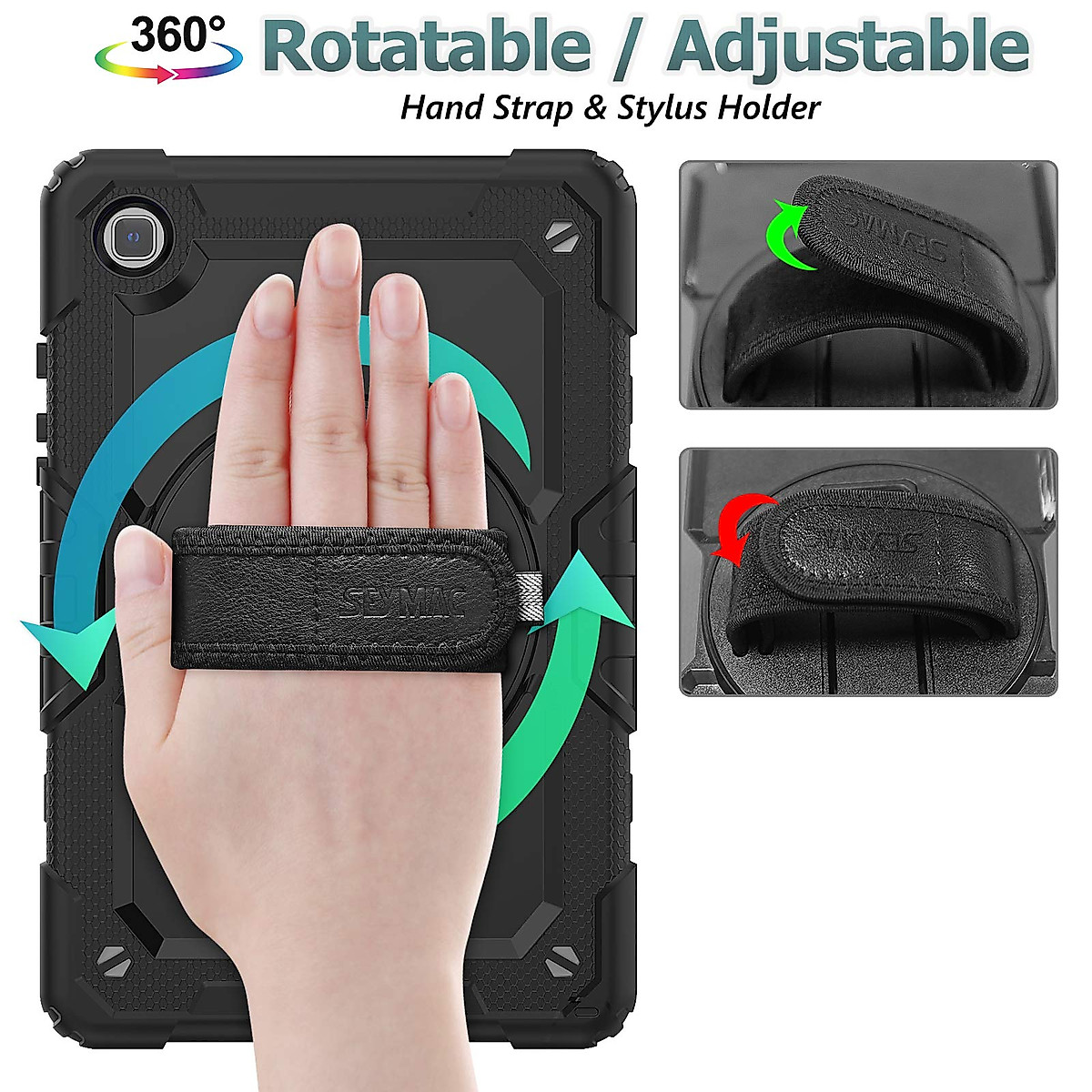 SEYMAC stock Case for Samsung Galaxy Tab A7 10.4 2022/2020 (T503/T509/T500/T505/T507) with Screen Protector, 360 Rotating Stand & Hand Strap, Drop-Proof Case, Black