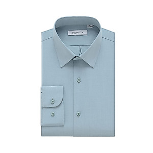 FAHIZO Men's Dress Shirt Casual Regular Fit Stretch Soild Long Sleeve Button Up Shirts, Grey Green-L