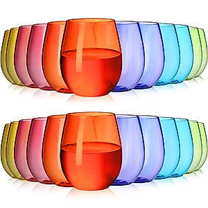 24 Pack 12oz Plastic Stemless Wine Glasses set Colored Plastic Reusable Wine Shatterproof BPA Free Wine Glasses Bulk Party Stemless Wine Glasses Cups for Indoor Outdoor Dining Wine Supplies 6 Colors