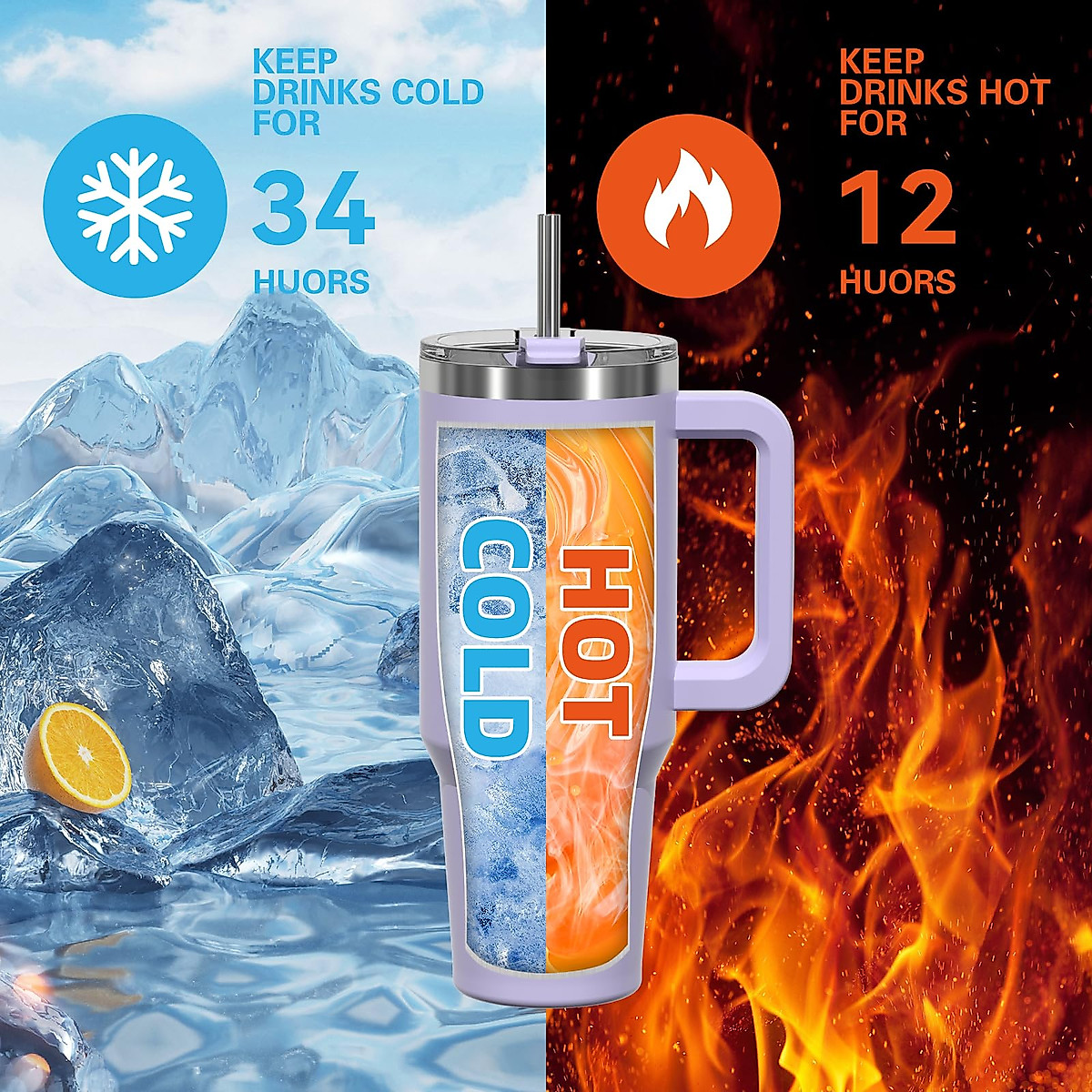 40 oz Tumbler with Handle,Tumbler with Lid and Straw,Double Wall Insulated Cup Stainless Steel Travel Mug(Cold for 34 Hours),Water Bottle for Iced Tea,Coffee,Cold Beverages(Purple)