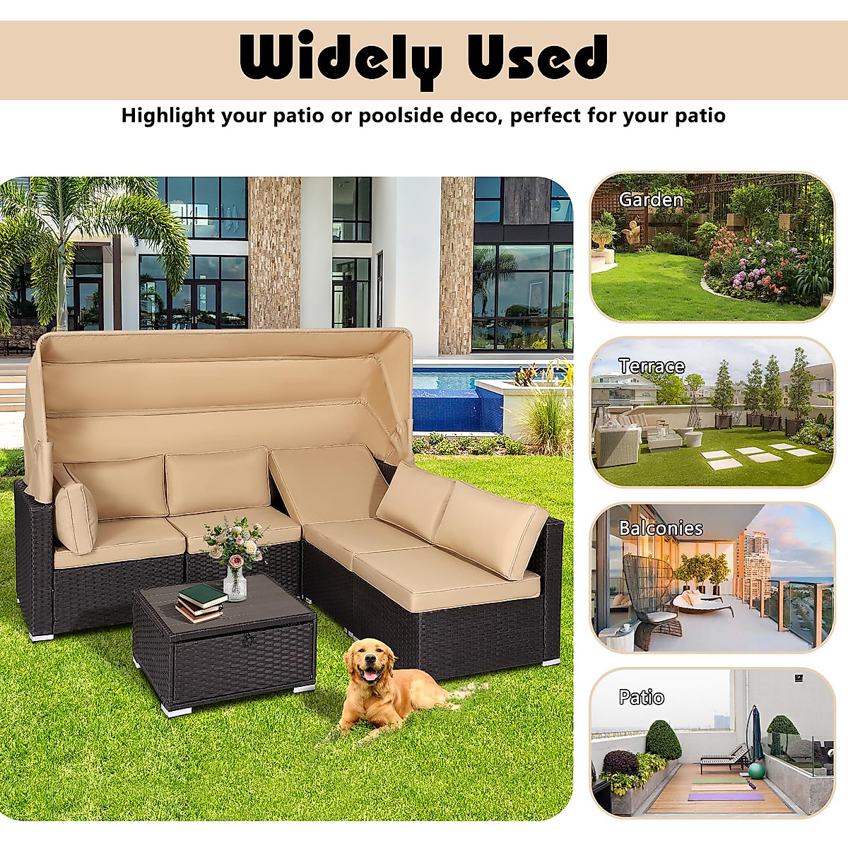 TITIMO 6 Pieces Patio Furniture Set Outdoor Conversation Set Daybed with Retractable Canopy Patio Sectional Rattan Sofa Set W/Adjustable Backrest and Table for Poolside (Brown)