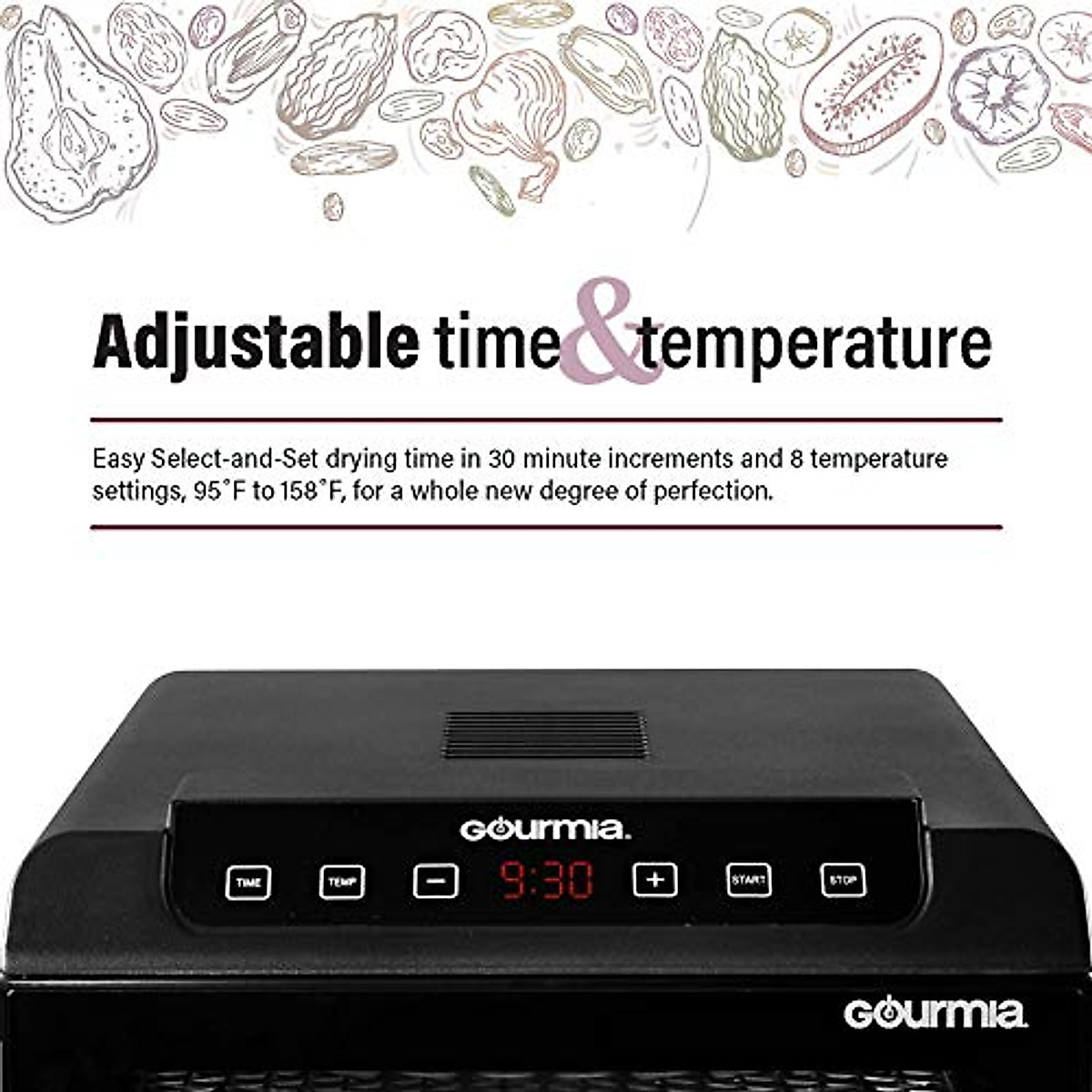 Gourmia GFD1680 Countertop Electric Food Dehydrator - 6 Drying Trays - Digital Countdown Timer - Preset Temperature Settings - Recipe Book Included