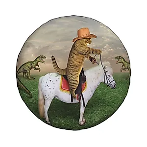 GTEVUTS Cowboy Cat and Dinosaur Spare Tire Cover for Rv Trailer Camper Funny Tire Covers Polyester Wheel Cover Wheel Protectors Universal Fit for Car Truck Travel SUV,14 inch