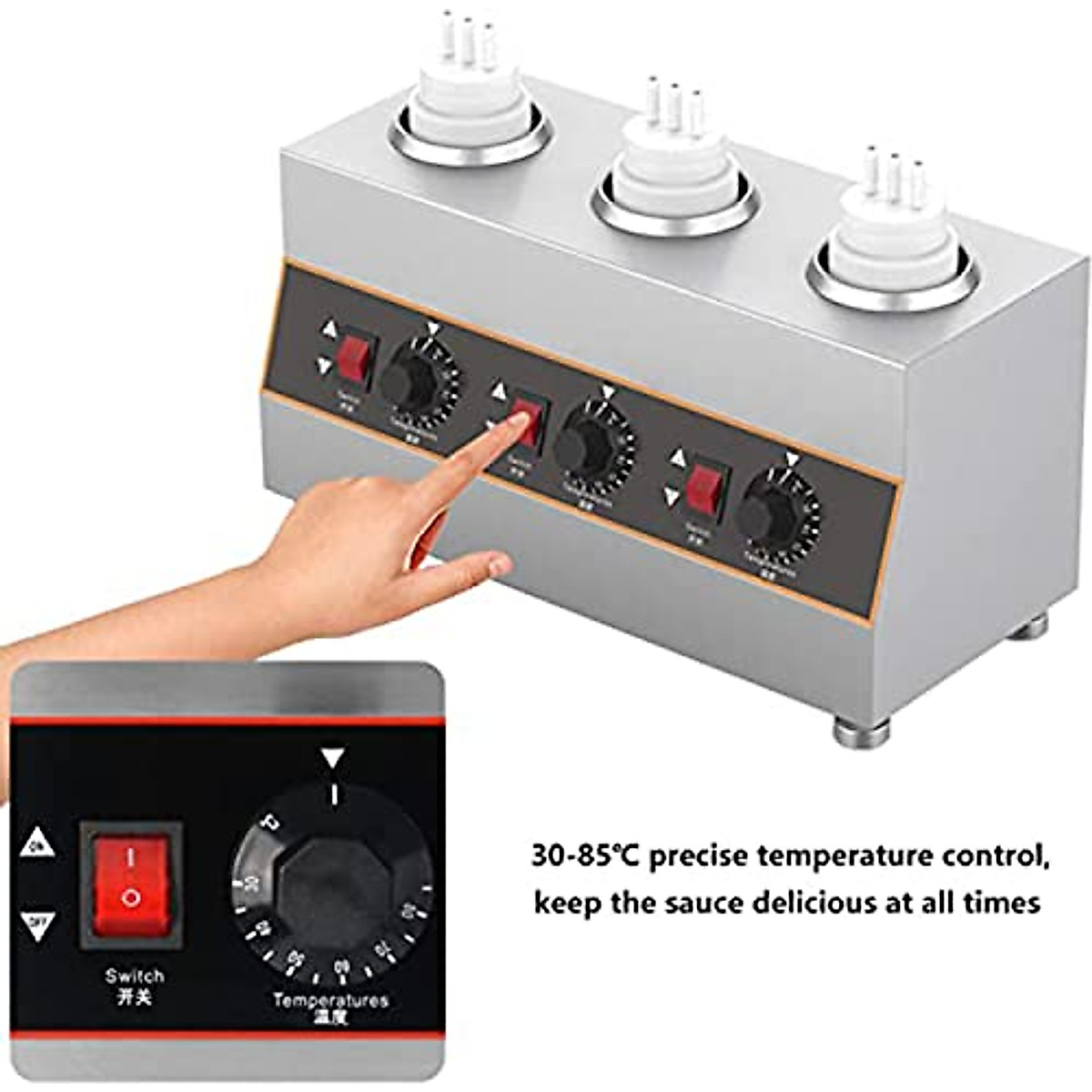 Electric Sauce Warmer, Commercial Sauce Dispenser, 640W Hot Fudge Dispenser, Cheese Chocolate Soy Sauce Heater, Stainless Steel Topping Dispenser,3Grid