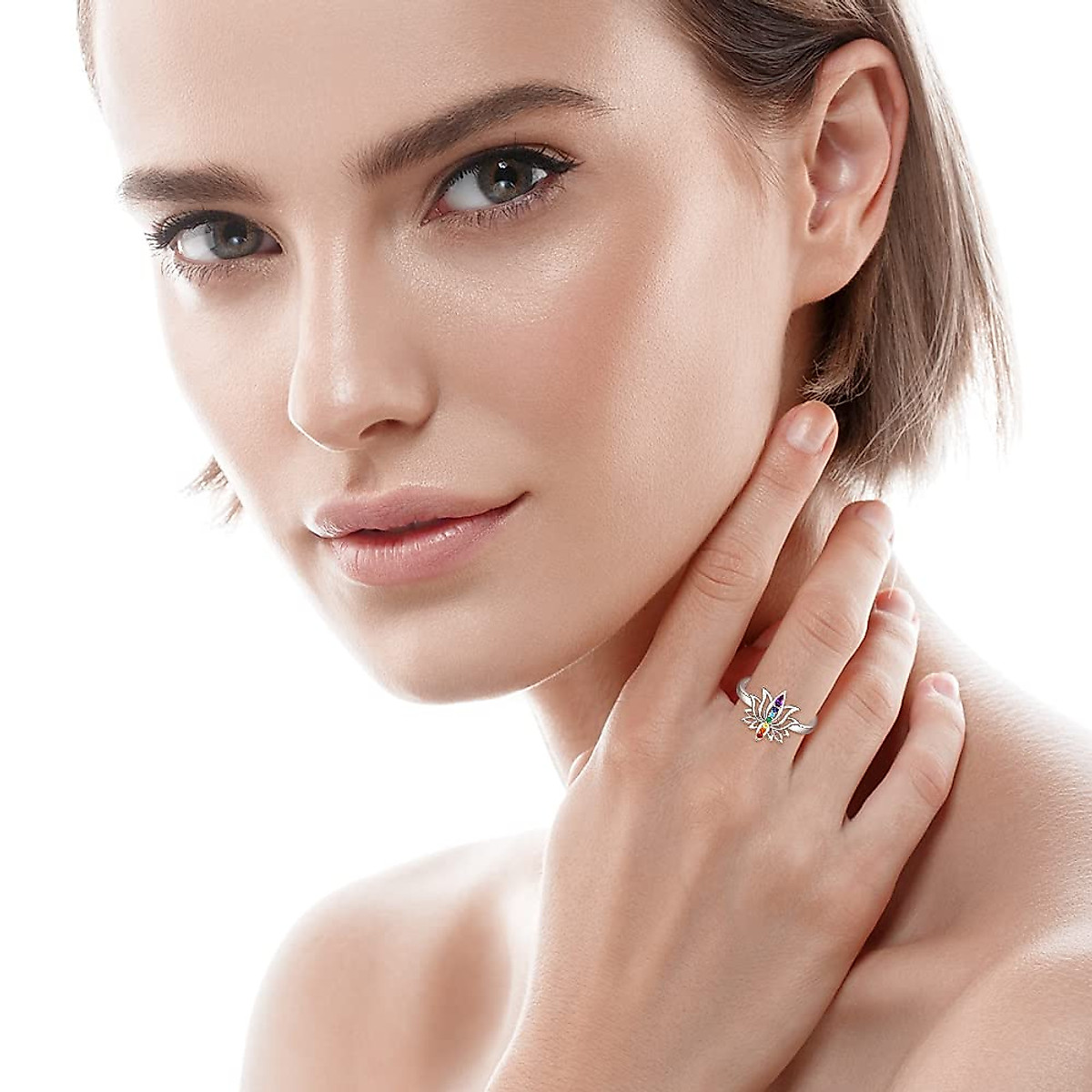 Jewlikee Lotus Ring 7 Chakra Rings for Women Sterling Silver Lotus Flower Yoga Energy Balance Chakras Jewelry Meditation Anxiety Relief Size 7