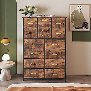 Finnhomy 16 Drawers Dresser for Bedroom, Tall Dressers & Chests of Drawers with Wood Top, Large Fabric Storage Dresser for Bedroom/Living Room/Entryway/Closet, 38" W x 11.8" D x 57.1" H, Rustic Brown