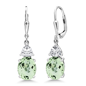 Gem Stone King 925 Sterling Silver Green Prasiolite and White Zirconia Dangle Earrings For Women (4.20 Cttw, Gemstone Birthstone, Oval 10X8MM, Trillion 5MM)