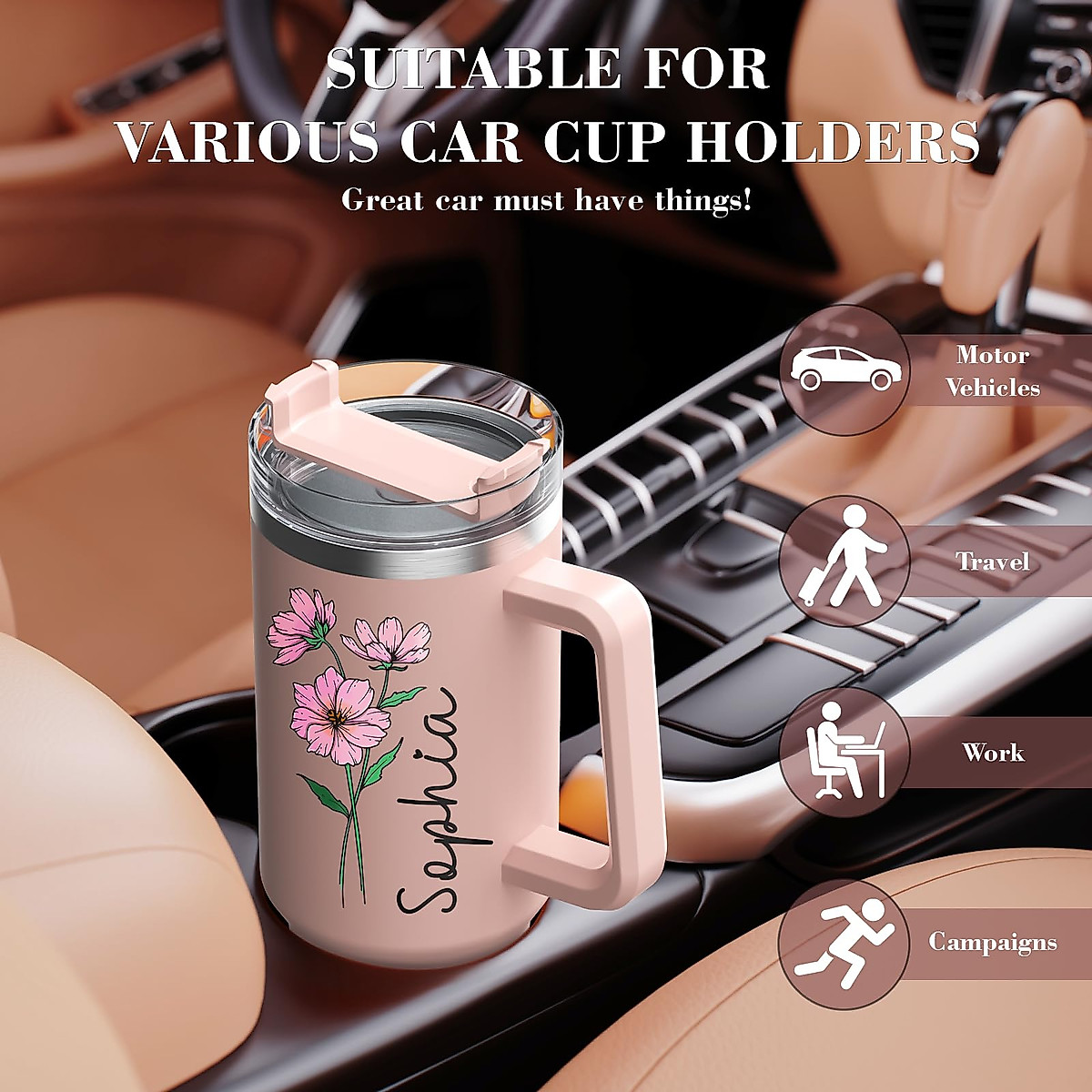 UNIGIFTIME Customized 40oz Tumbler with Handle and Straw, Personalized Stainless Steel Insulated Tumbler with Birth Flower and Name, Personalized Birthday Gifts for Women and Men, Mother's Day Gift