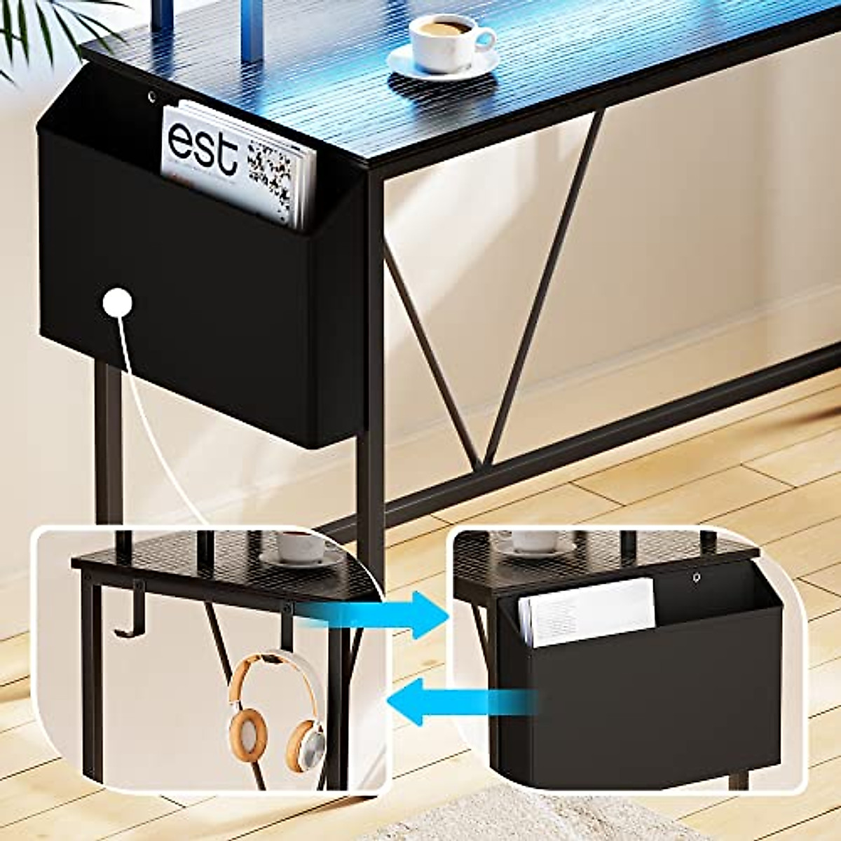 PRAISUN L Shaped Computer Desk with Power Outlets & LED Lights, Corner Gaming Desk with Fabric Storage Bag, Monitor Shelves, Home Office Desk with Hooks, Host Shelf, L Shape Gaming Desk, Black