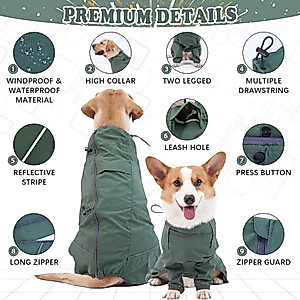 ROZKITCH Dog Jacket Waterproof Dog Raincoat with Zipper Harness Opening Reflective Strip for Small Medium Large Dog, Windproof Adjustable Rainwear with Two Leg Protectors High Collar, Pet Vest Green