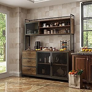 DiDuGo Hutch Storage Cabinet with Drawers & Iron Doors for Kitchen Pantry, Buffet Cabinet with Metal Frame, for Hallway Deep Walnut (59”W x 15.7”D x 68.5”H)