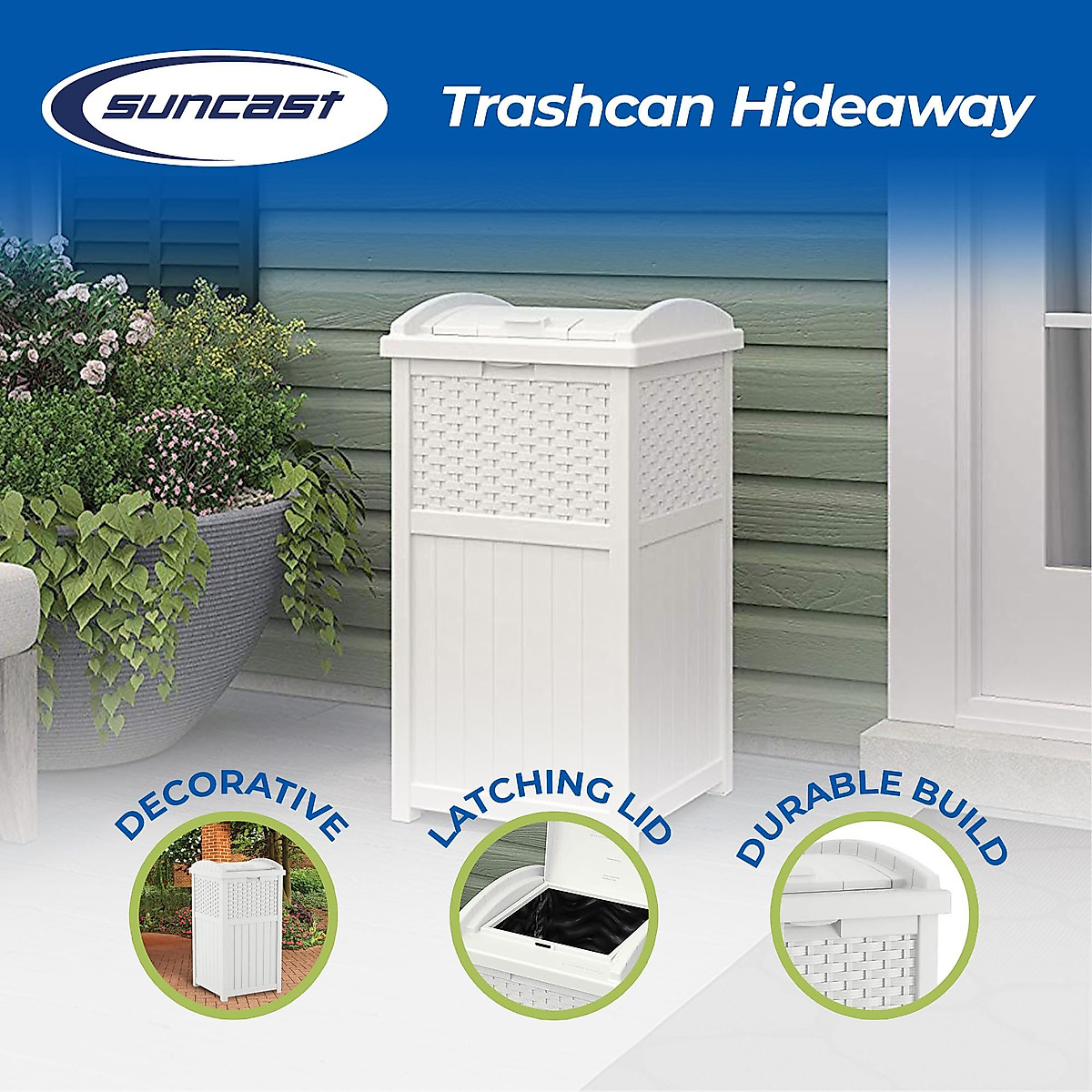 Suncast 33 Gallon Durable Plastic Hideaway Outdoor Garbage Can Trash Bin with Lid and Wicker Design for Backyard, Deck, or Patio, White