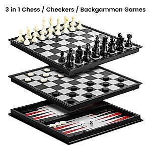 Joneytech Magnetic Chess Set for Kids and Adults, 13 inch 3 in 1 Chess Checkers Backgammon Travel Portable Folding Sets, Gift Children Chess Board Game with Extra Queen