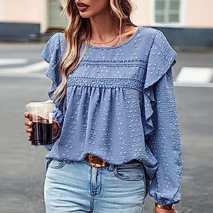 Orders Placed by me Womens Tops Dressy Casual Solid Color Long Sleeve Round Neck Blouses Swiss Dot Flowy Pleated Stylish Shirts Blue M