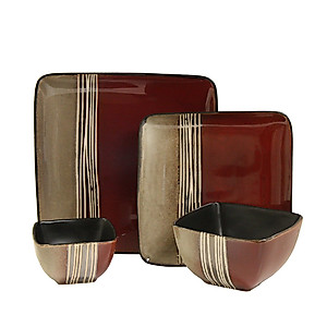 Elama Square Stoneware Loft Collection Dinnerware Dish Set, 16 Piece, Red and Tan with White Accents