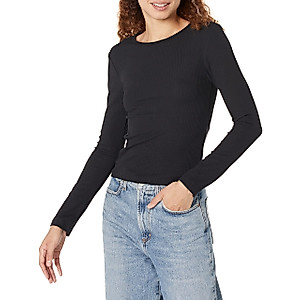 Amazon Essentials Women's Slim-Fit Layering Long Sleeve Knit Rib Crew Neck (Available in Plus Size), Pack of 2, Black/Off-white, X-Large