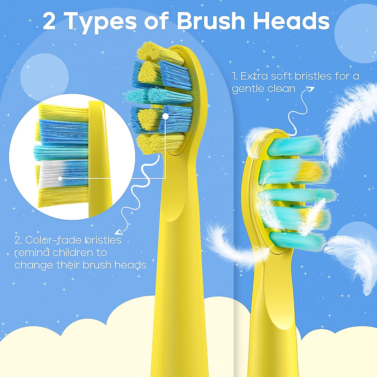 SEAGO Kids Electric Toothbrush, Sonic Soft Bristle Rechargeable Toothbrushes with DIY Stickers, 5 Modes, Includes 4 Replacement Brush Heads, Ages 3 to 12 Years Old (Yellow)